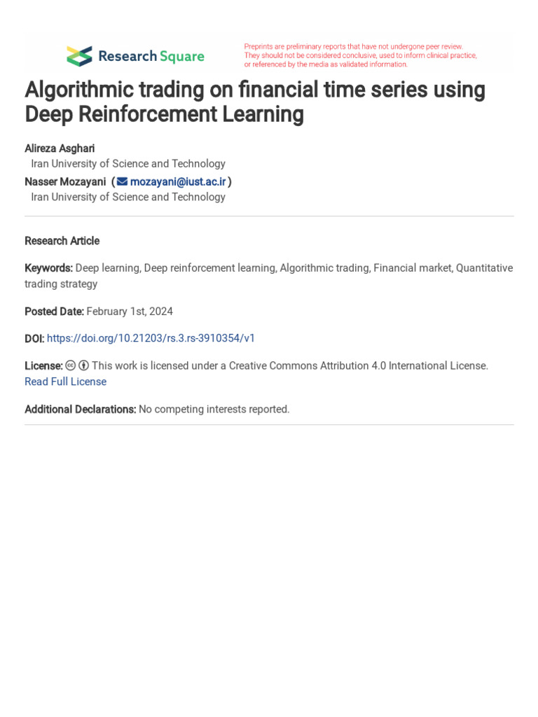 Algorithmic Trading On Financial Time Series Using | PDF | Applied ...