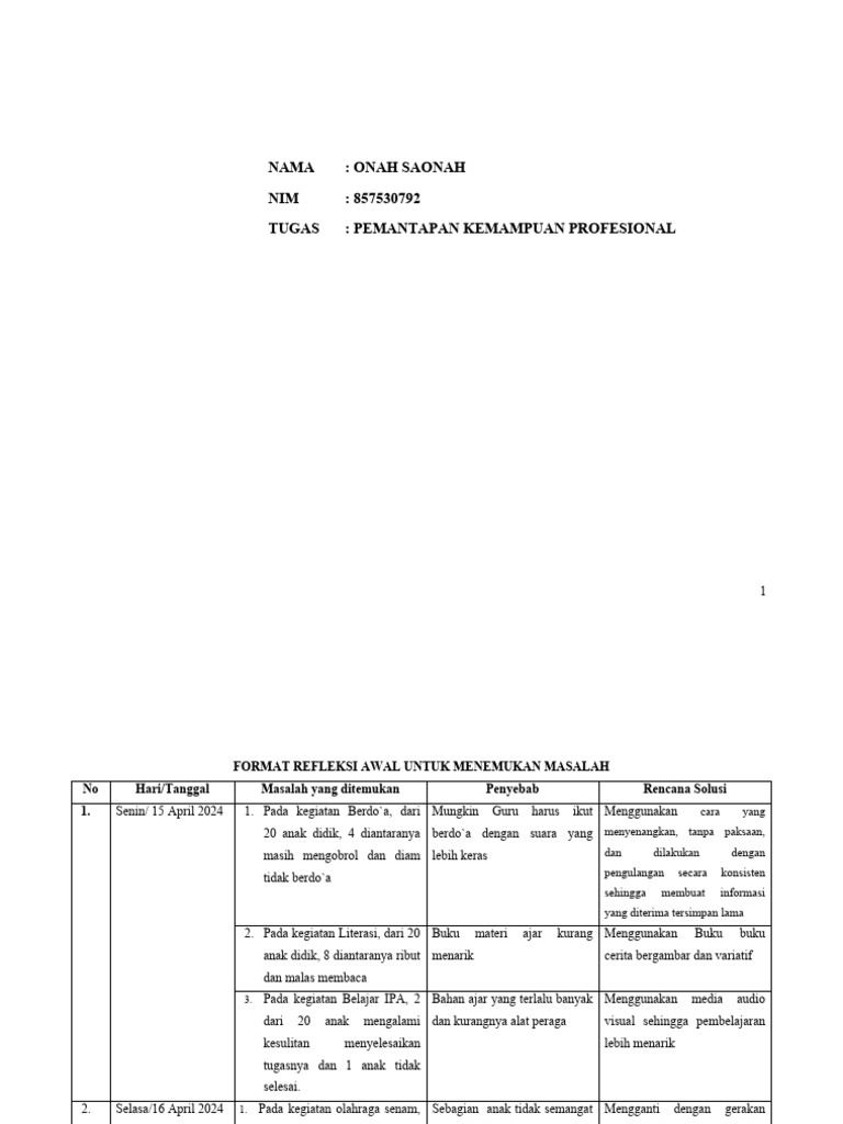 Contoh Format Refleksi Awal | PDF
