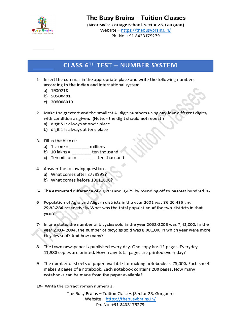 Class 6th - Chapter 1 - Number System - Maths Practice Paper PDF | PDF | Computers | Technology ...