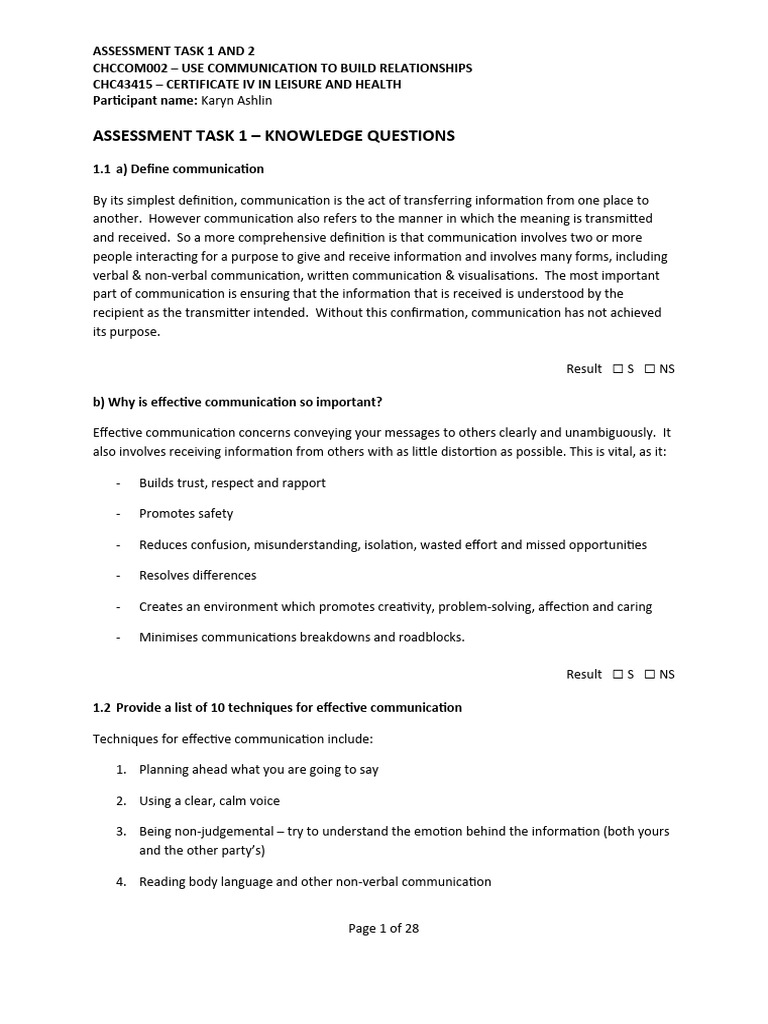CHCCOM002 - COMMUNICATION - ASSESSMENT TASK 1 & 2 - Answers | PDF ... CHCCOM002 - COMMUNICATION - ASSESSMENT TASK 1 & 2 - Answers | PDF ...