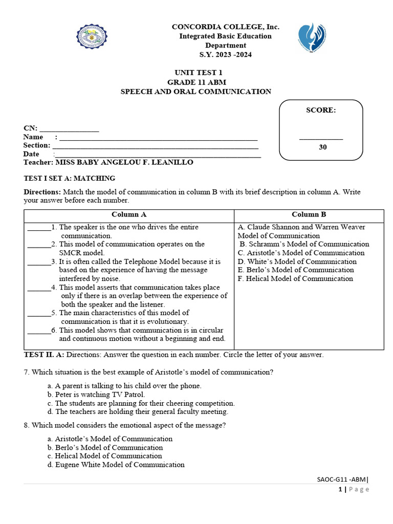 Grade 11 Abm Unit Test 1.1 | PDF | Communication | Psychological Concepts