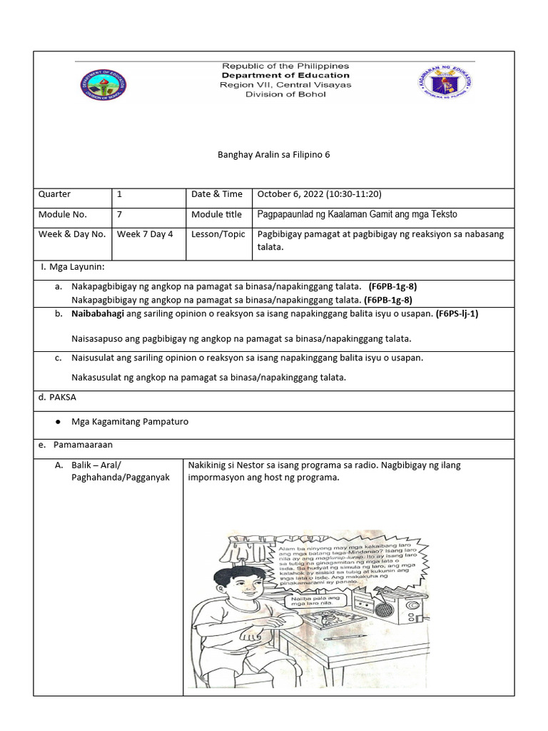 Daily Lesson Guide in Filipino 6 Week7 Day 4 | PDF