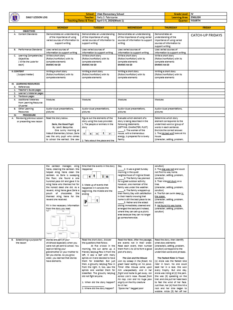 DLL ENGLISH 4 Q4 W1 Write A Short Story Fiction Nonfiction With Its ...