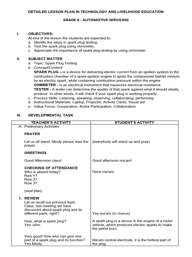 Grade 8 Spark Plug Testing Lesson Plan | PDF | Ignition System ...