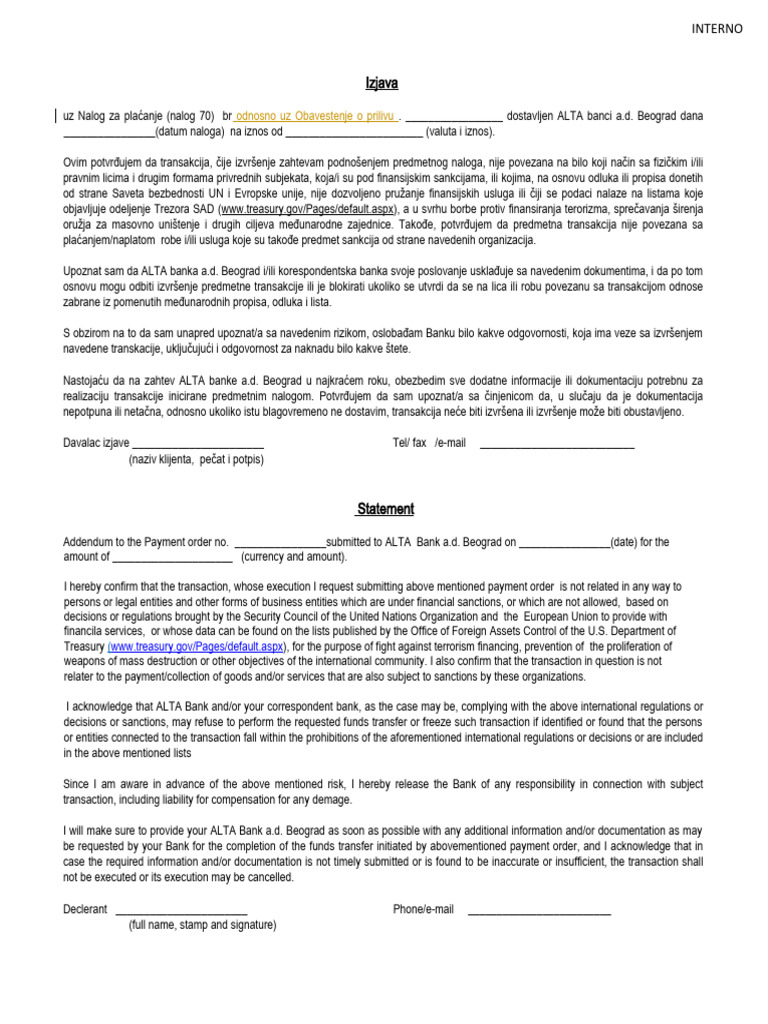 ALTA Banka A.D. Izjava-Statement EUOFAC | PDF