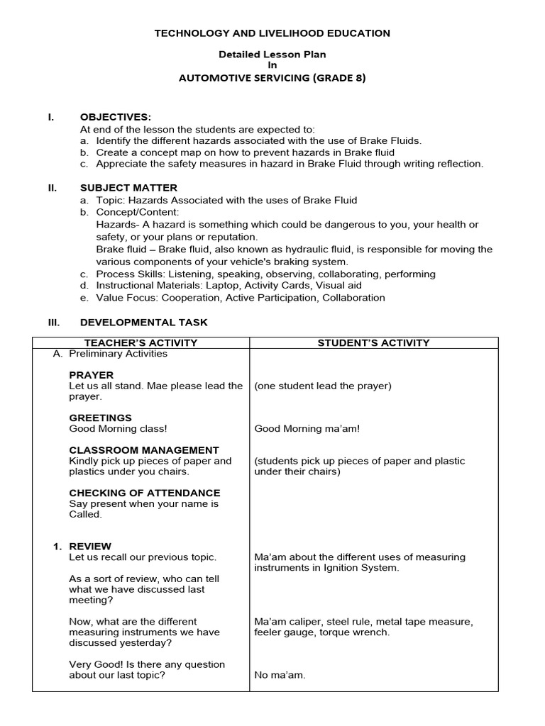 Technology and Livelihood Education Automotive | PDF | Lesson Plan | Brake
