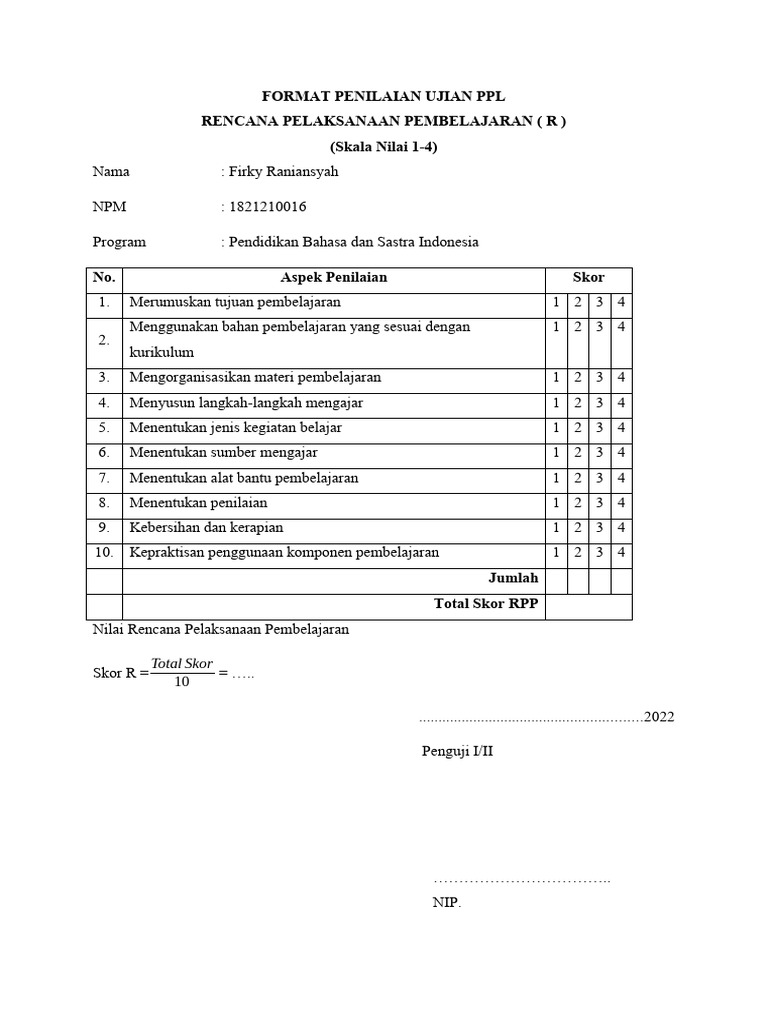 Format Penilaian PPL | PDF