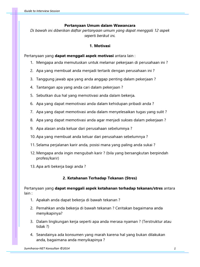 Daftar Pertanyaan Untuk Interview | PDF