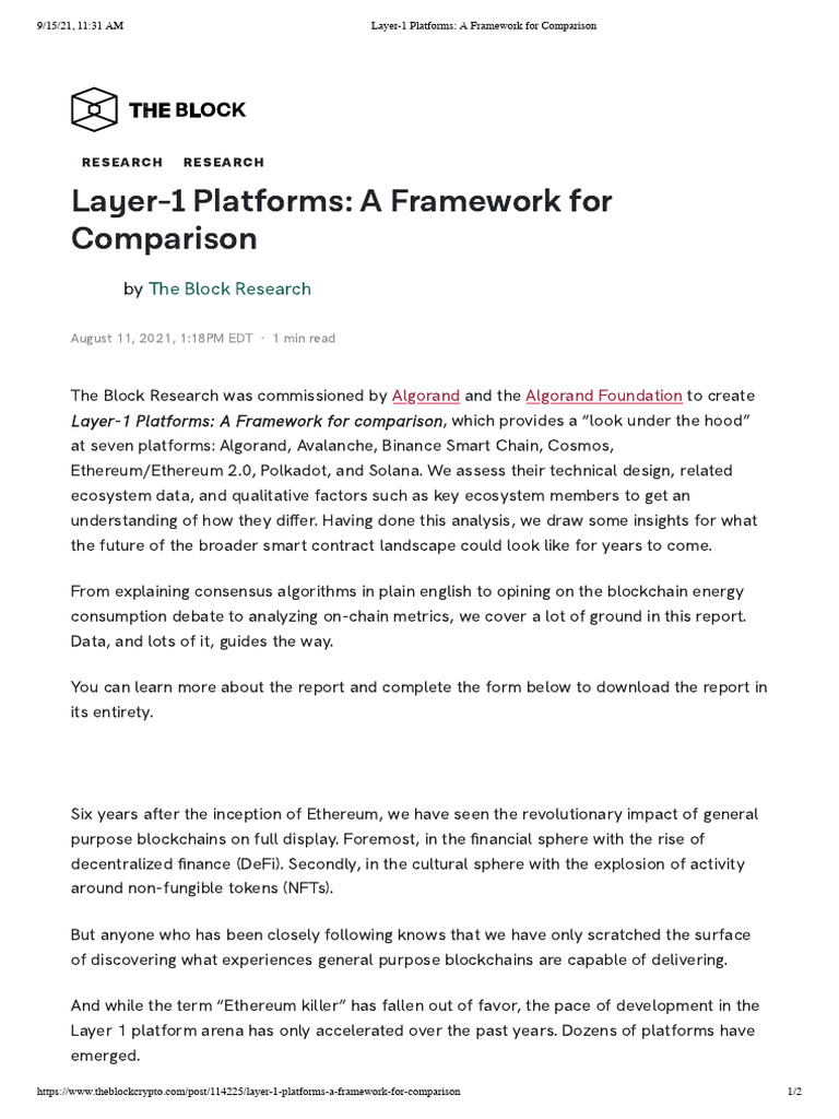 Layer-1 Platforms - A Framework For Comparison | PDF | Cryptocurrency