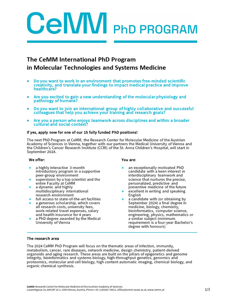 CeMM PHD Call 2024 Announcement | PDF | Medicine | Science