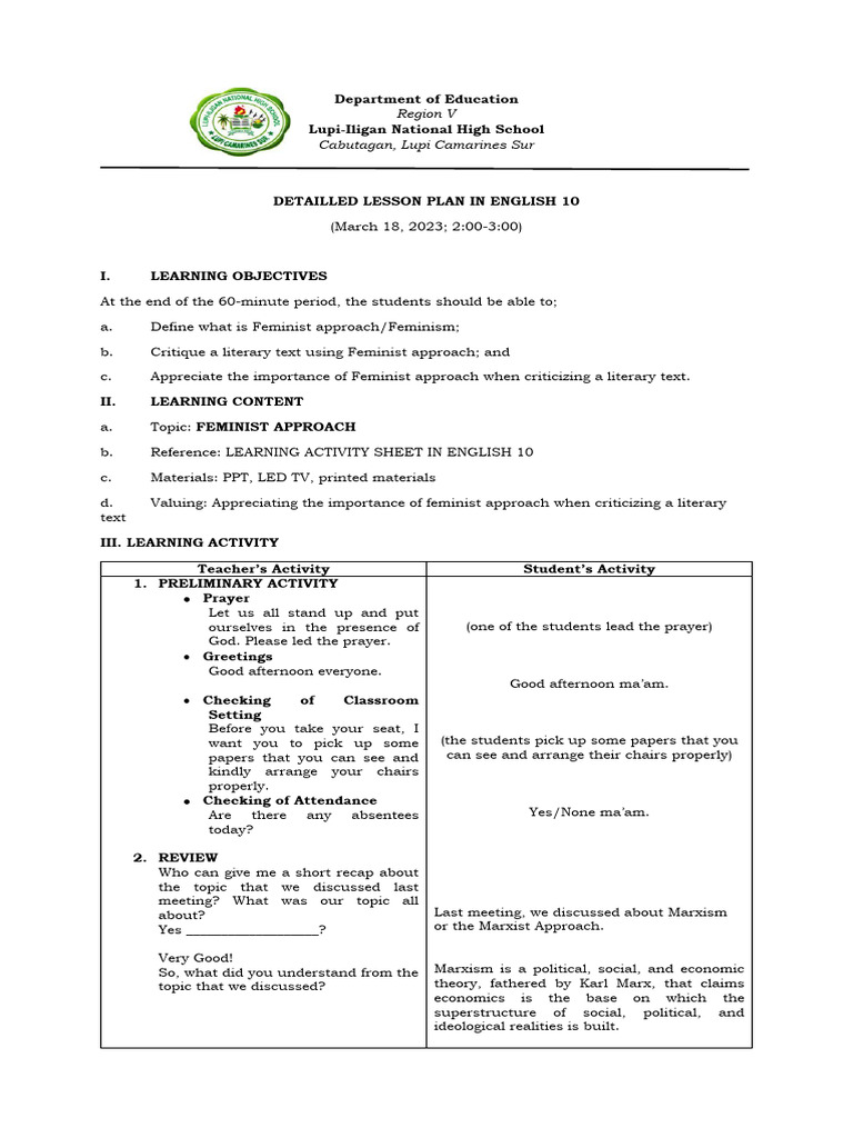 Feminist Approach Lesson Plan for English 10 | PDF | Feminism | Gender ...