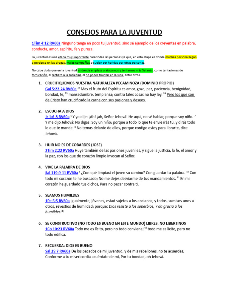 Consejos para Los Jovenes | PDF | Fruto Del Espiritu Santo | Creencia y ...