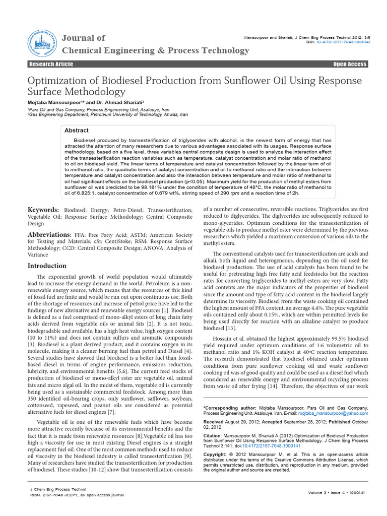 Optimization of Biodiesel Production From Sunflower Oil Using Response ...