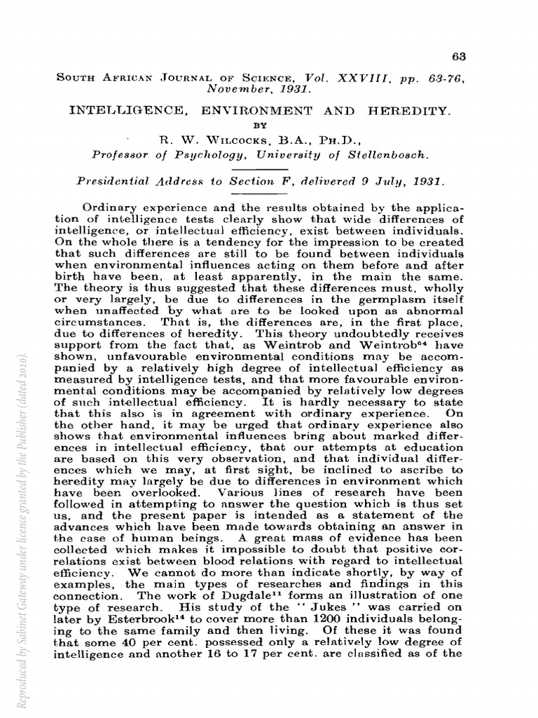 Wilcocks 1931 Intelligence Environment and Heredity | PDF | Intelligence Quotient | Sibling