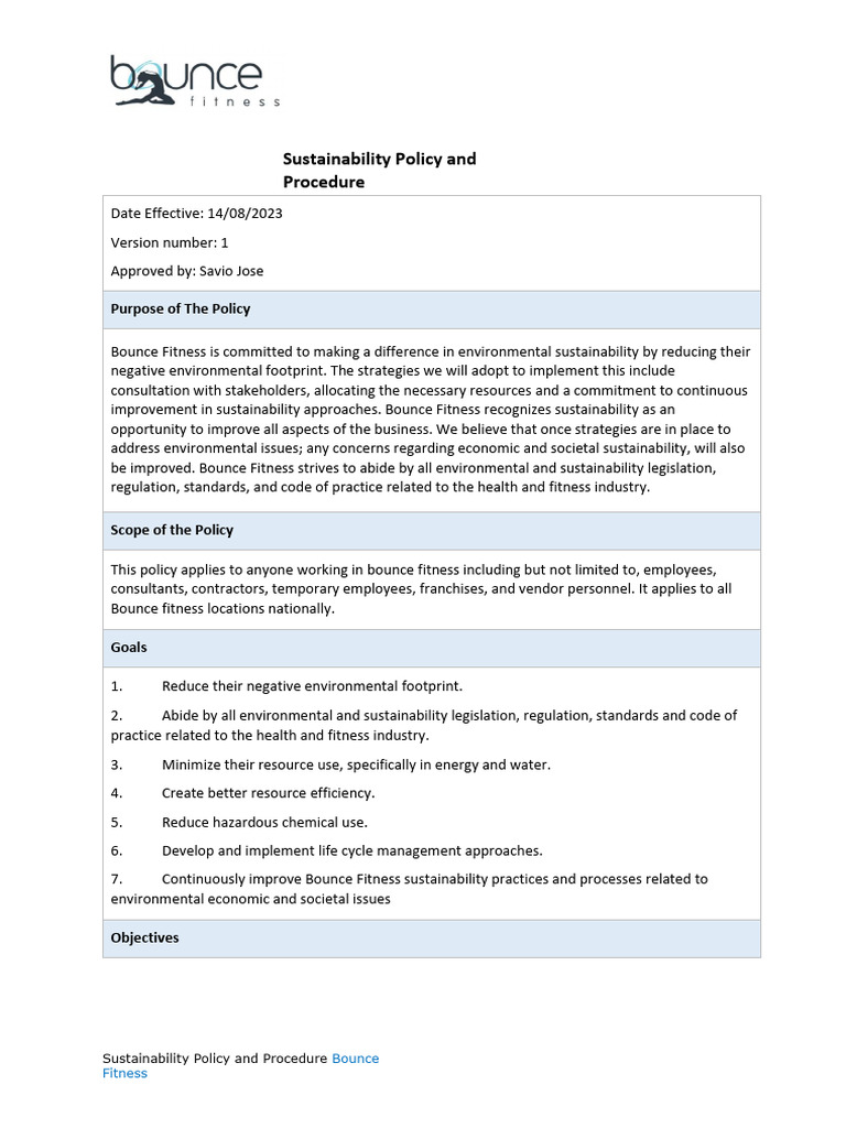 BSBSUS511 Sustainability Policy and Procedure Template Task 2.1.v1.0 | PDF | Sustainability | Policy