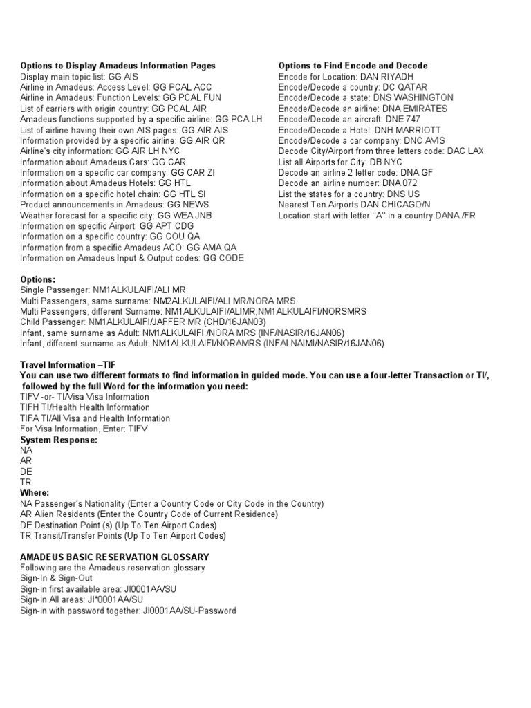 Amadeus System Codes Overview | PDF | Finance & Money Management ...