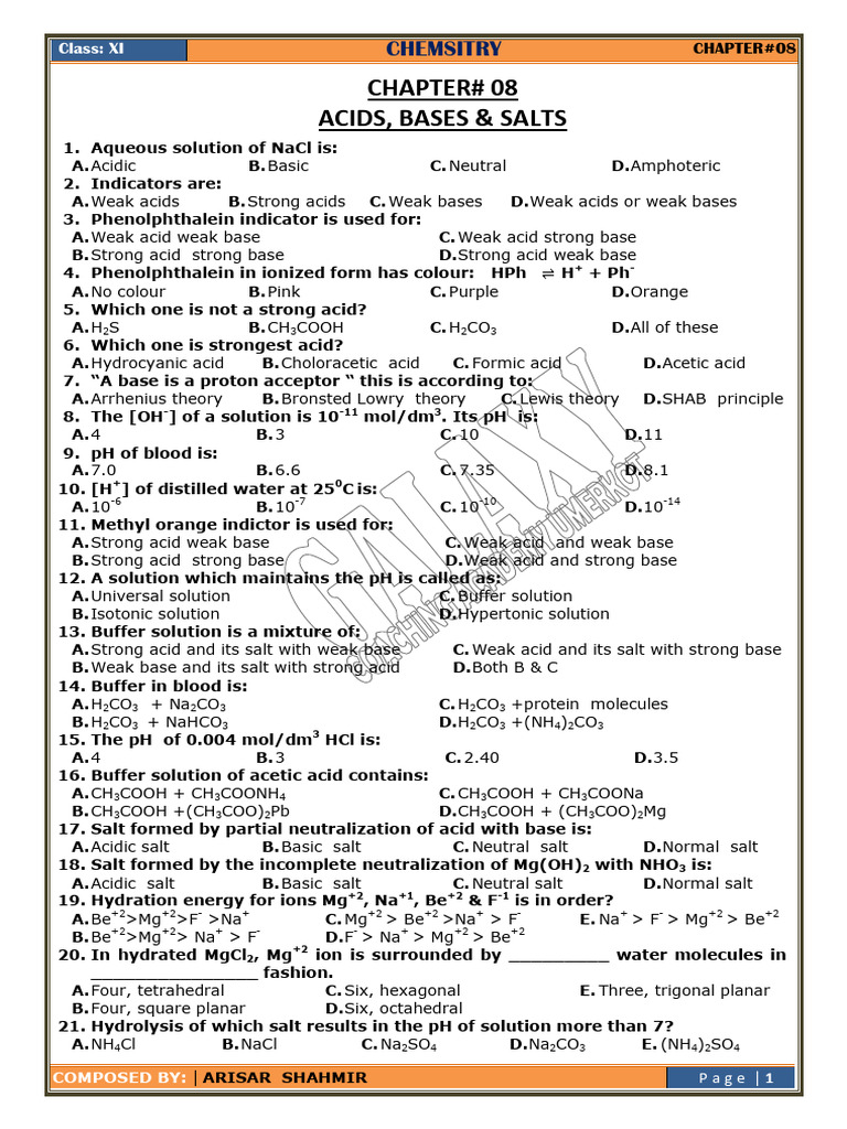 Chemistry Quiz: Acids, Bases & Salts | PDF | Ph | Acid