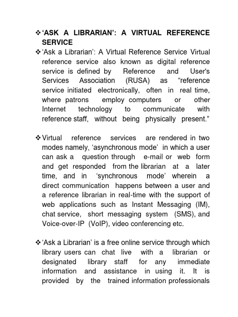Ask A Librarian' - A Virtual Reference Service-1-1 | PDF | Librarian ...