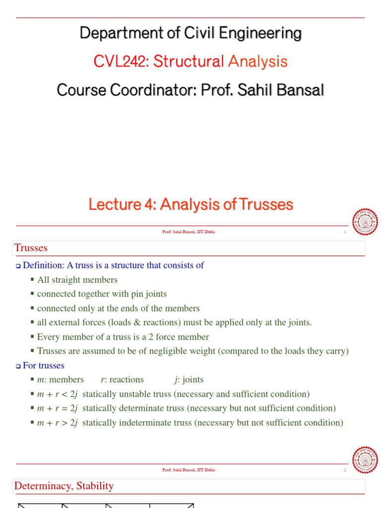 Lec04 Trusses | PDF | Truss | Structural Analysis