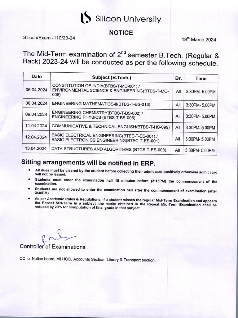 Dms - 65faca17a05302nd B.tech,, MCA, M.sc. & M.tech (Reg. & Back) Mid-Term Exam Schedule 2023-24 ...