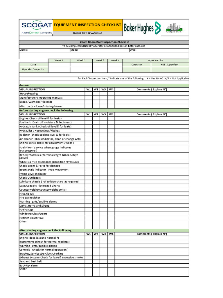 Zoom Boom Daily Inspection Checklist - SBIKHA | PDF | Vehicles | Motor ...