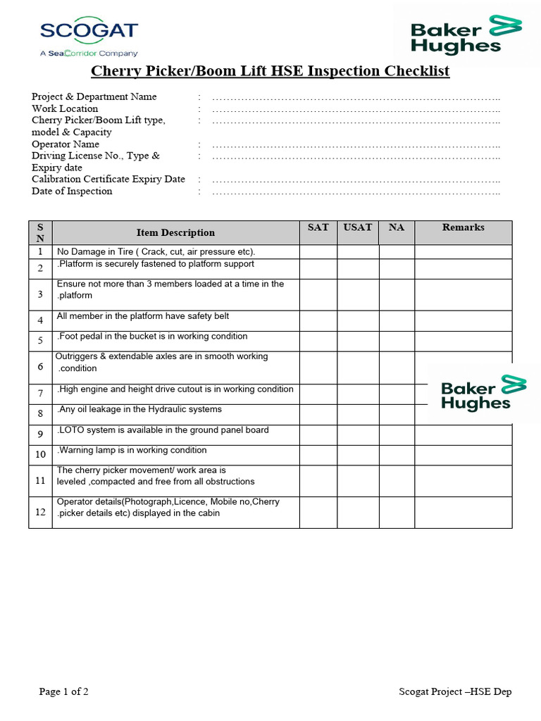 Cherry Picker-Boom Lift HSE Inspection Checklist | PDF | Land Vehicles ...