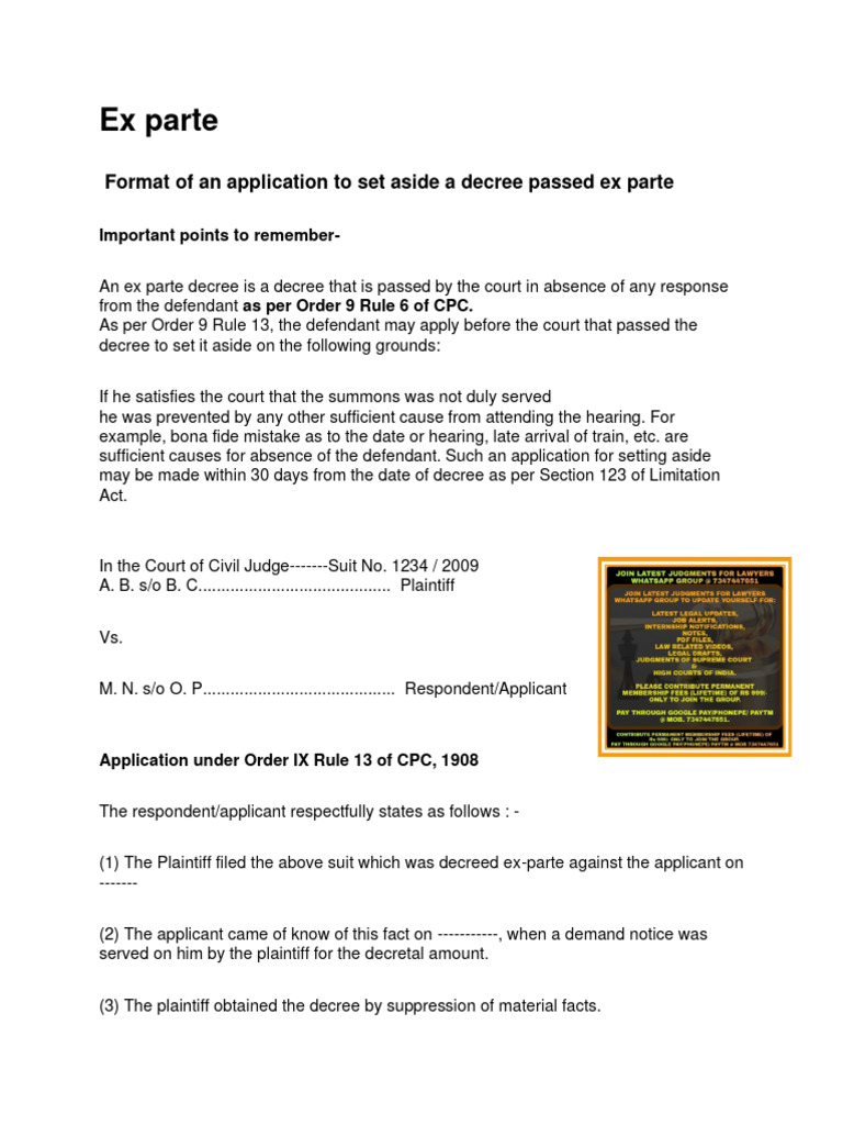 Format of an Application to Set Aside a Decree Passed Ex Parte | PDF ...
