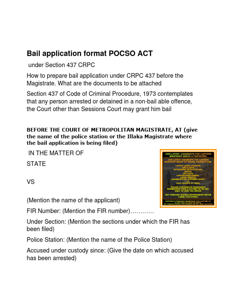 Format of Bail Application Format POCSO ACT-1 | PDF | Bail | Arrest