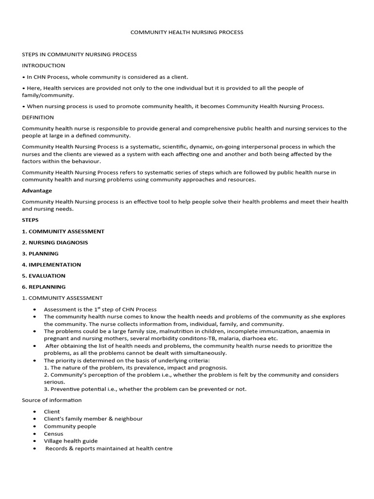 Steps in Community Health Nursing Process | PDF | Evaluation | Health Care