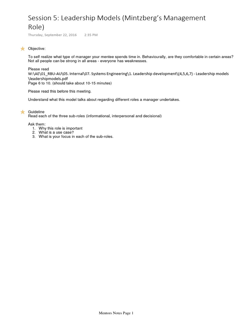 Session 5 Leadership Models (Mintzberg's Management Role) | PDF ...