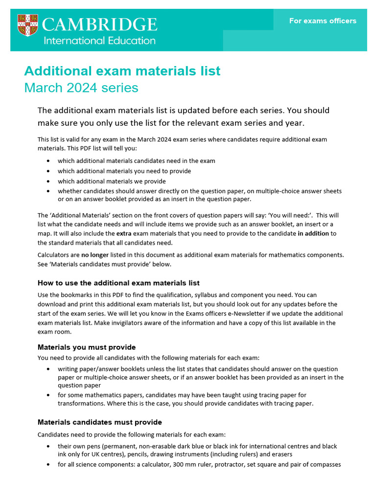 Additional Exam Materials List 2024 | PDF