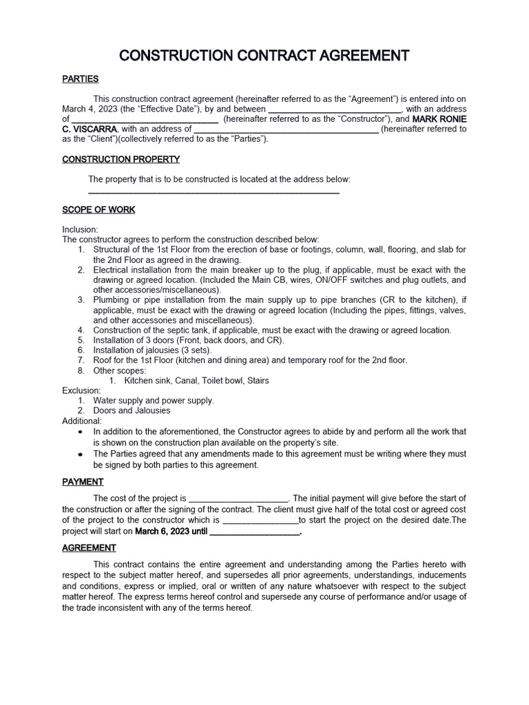 Construction Contract Agreement Template | PDF | Plumbing | Building ...