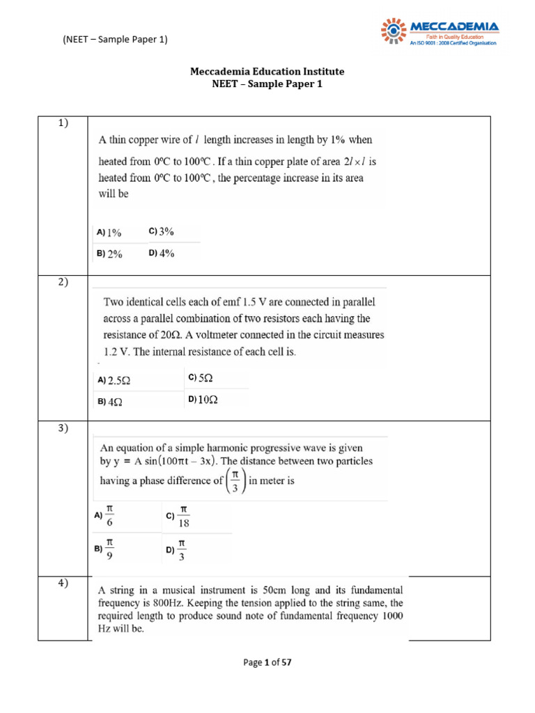 Neet Sample Paper 1 | PDF | Teaching Methods & Materials