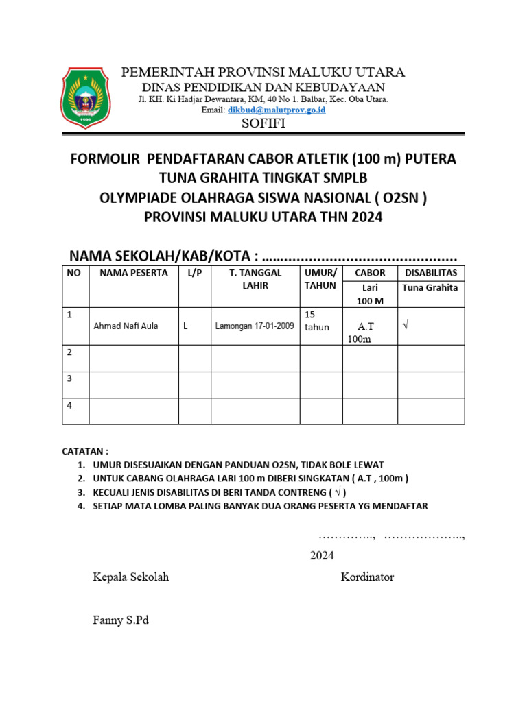 Format Pendaftaran O2sn 2024 | PDF
