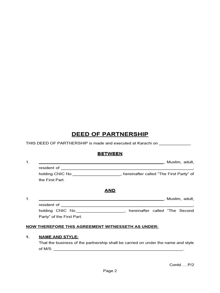 DEED OF PARTNERSHIP (Blank) | PDF | Partnership | Common Law