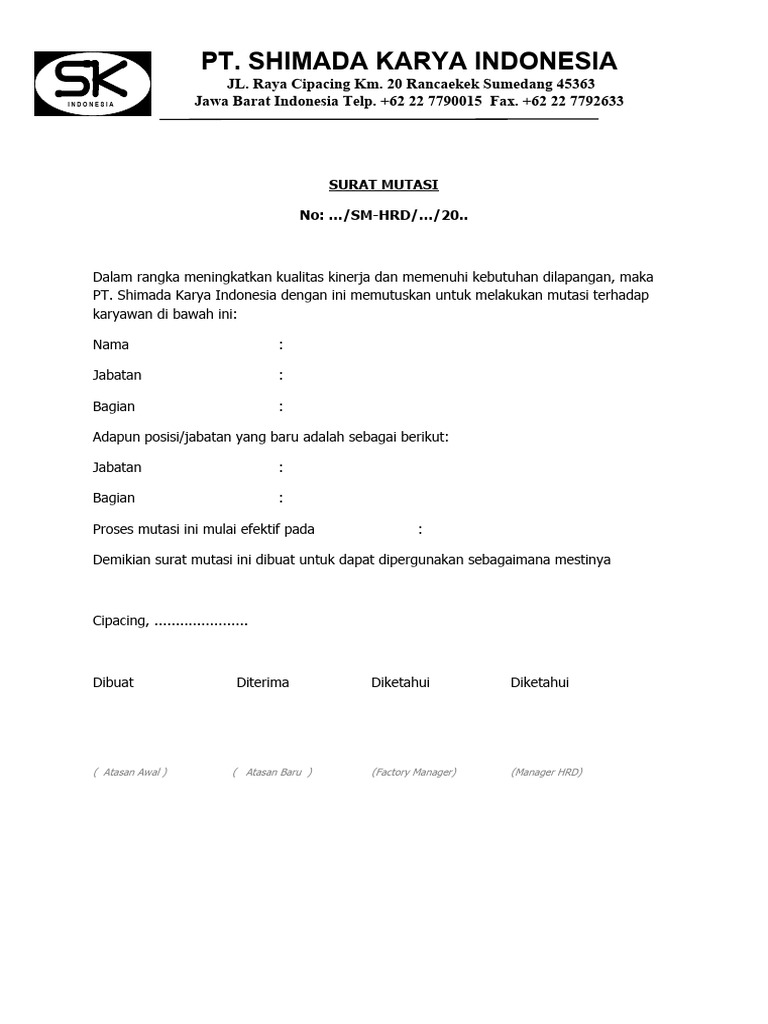 Surat Mutasi Karyawan Shimada | PDF | Bisnis