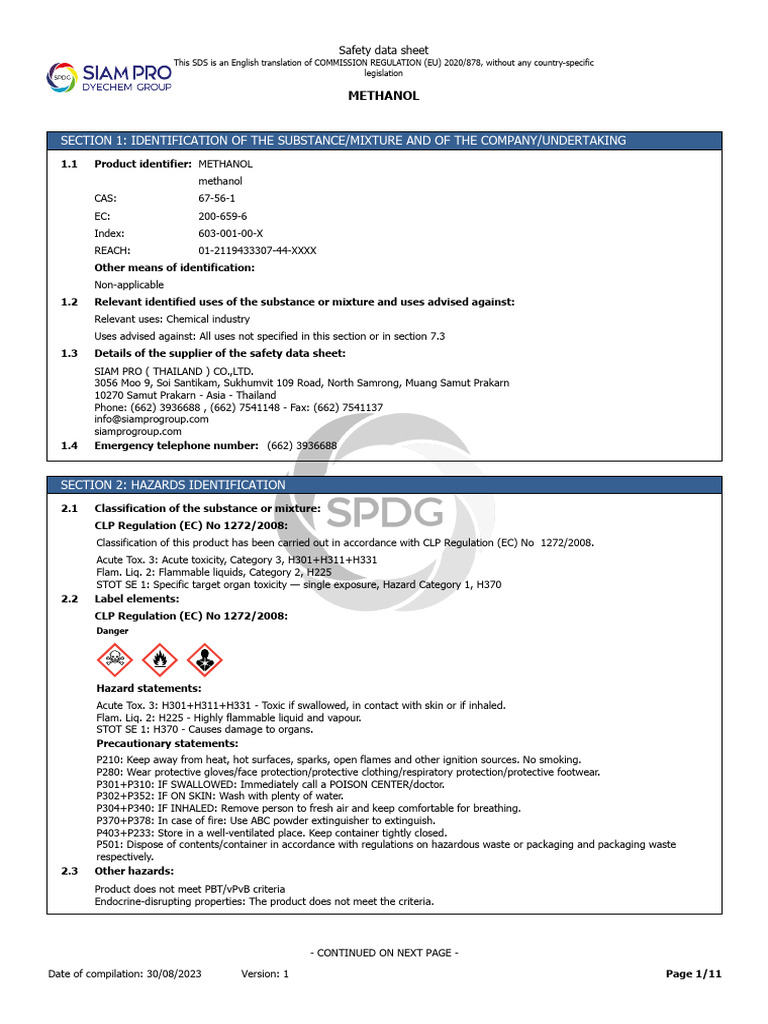 Safety Data Sheet of 'METHANOL' | PDF | Dangerous Goods | Toxicity