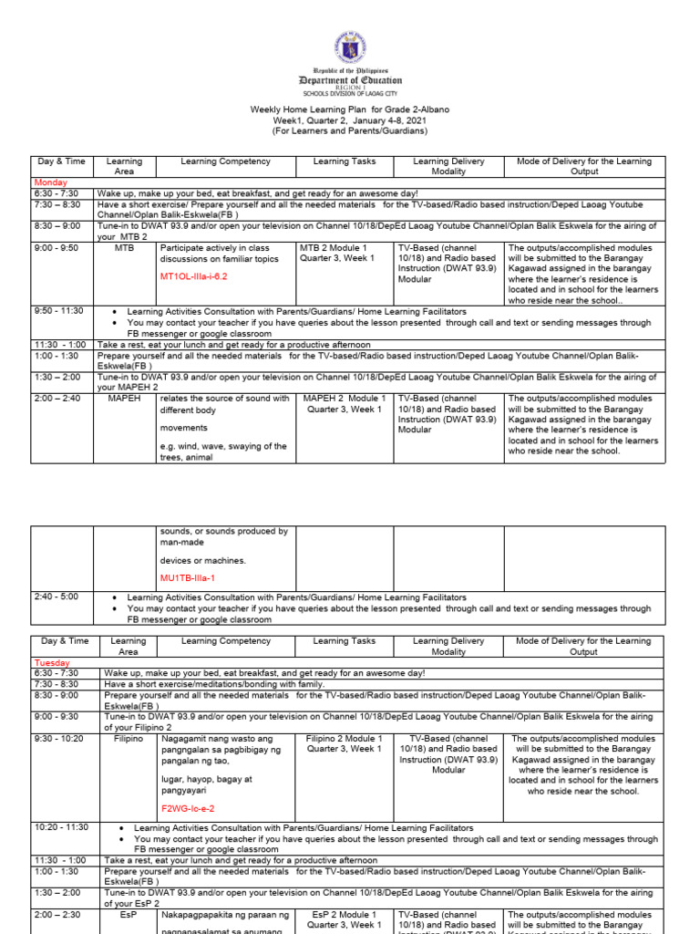 Q2-W1_Weekly-Home-Learning-Plan-for-Grade-2A | PDF | Learning | Teachers