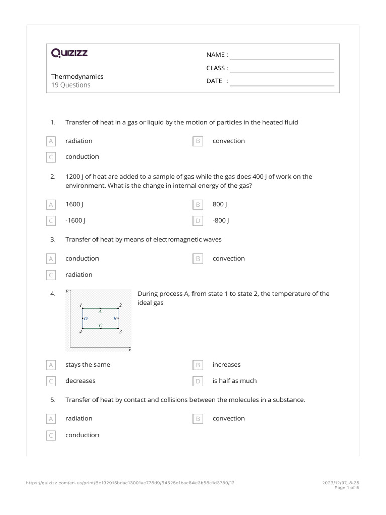 Quizizz - Thermodynamics | PDF | Heat | Gases