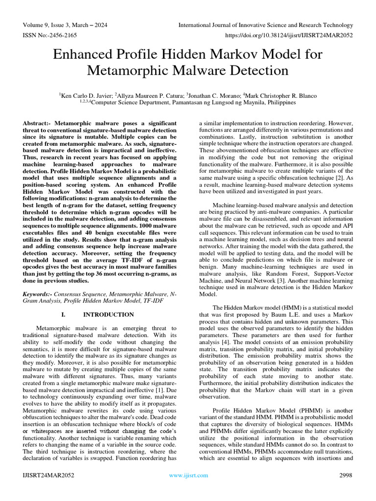 Enhanced Profile Hidden Markov Model For Metamorphic Malware Detection ...