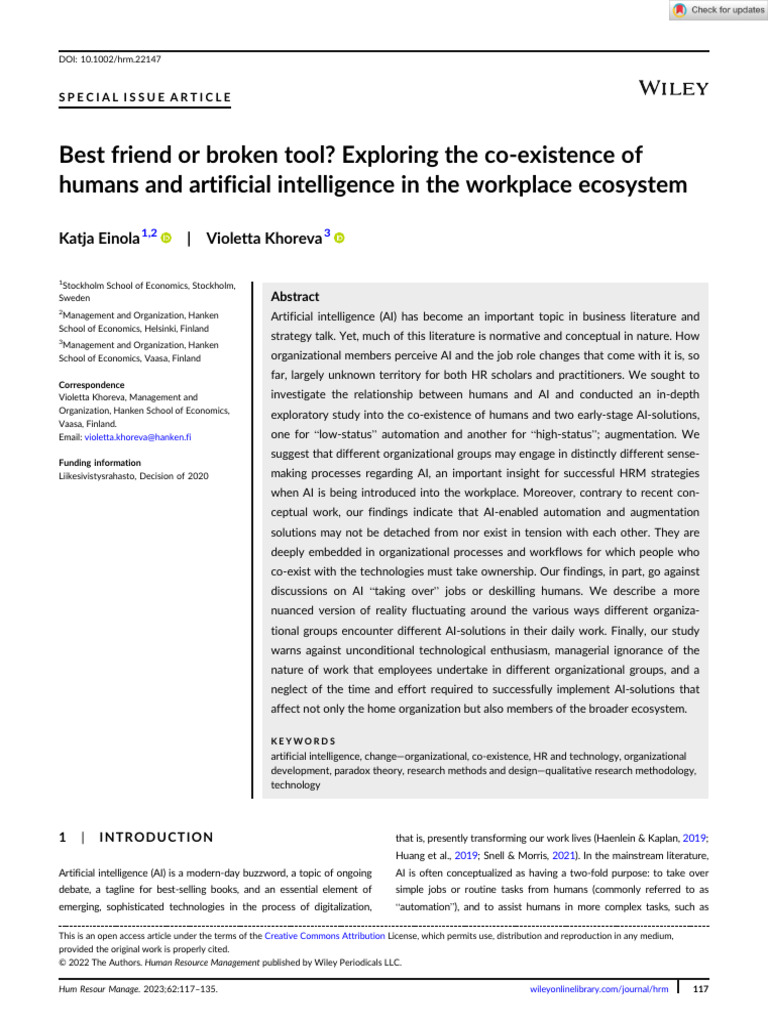 Human Resource Management - 2022 - Einola - Best friend or broken tool ... Human Resource Management - 2022 - Einola - Best friend or broken tool ...