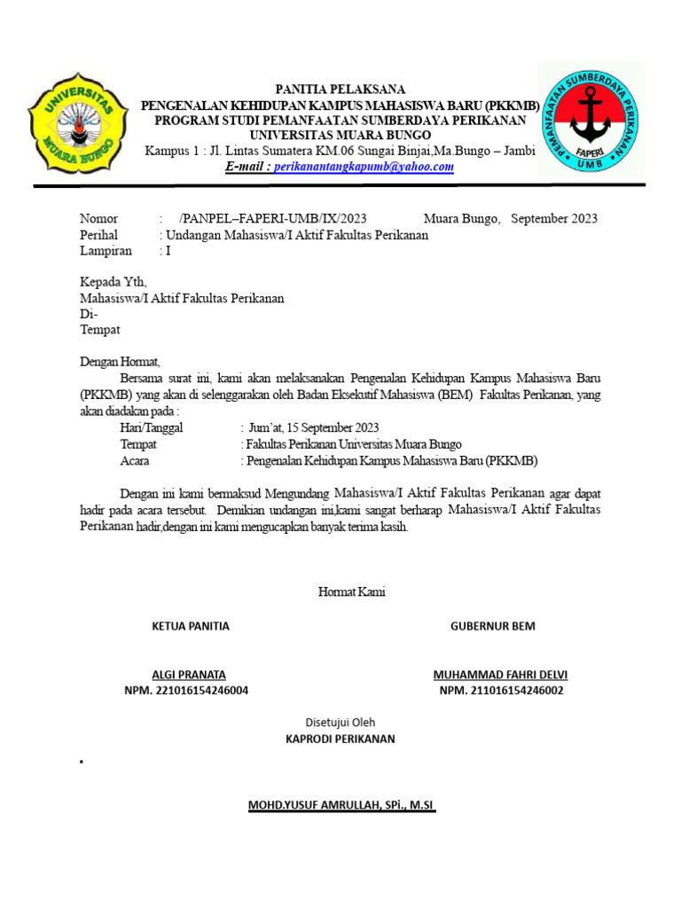 Undangan PKKMB Fakultas Perikanan UMB | PDF