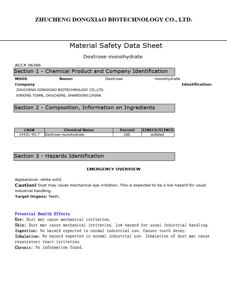 MSDS - Dextrose Monohyrate (Tfac) | PDF | Personal Protective Equipment ...