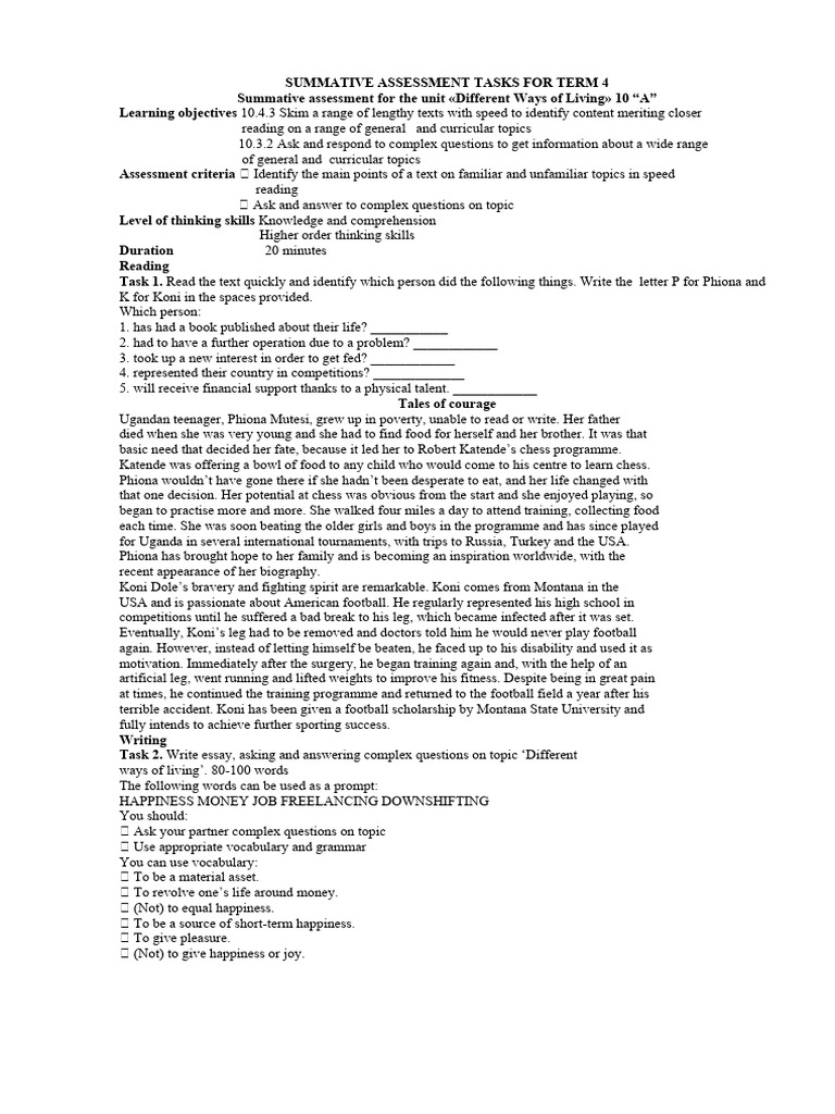 Summative Assessment Tasks For Term 4 | PDF | Reading Comprehension ...