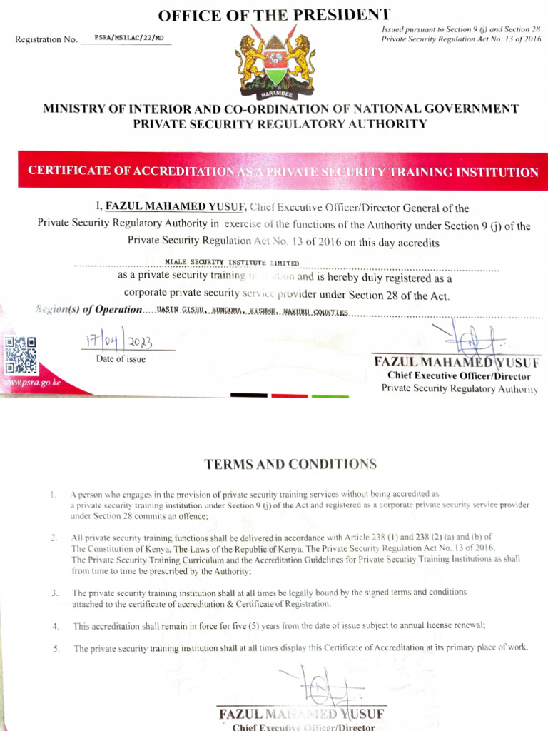 Accreditation of Miale Security Institute | PDF | Governance | Government