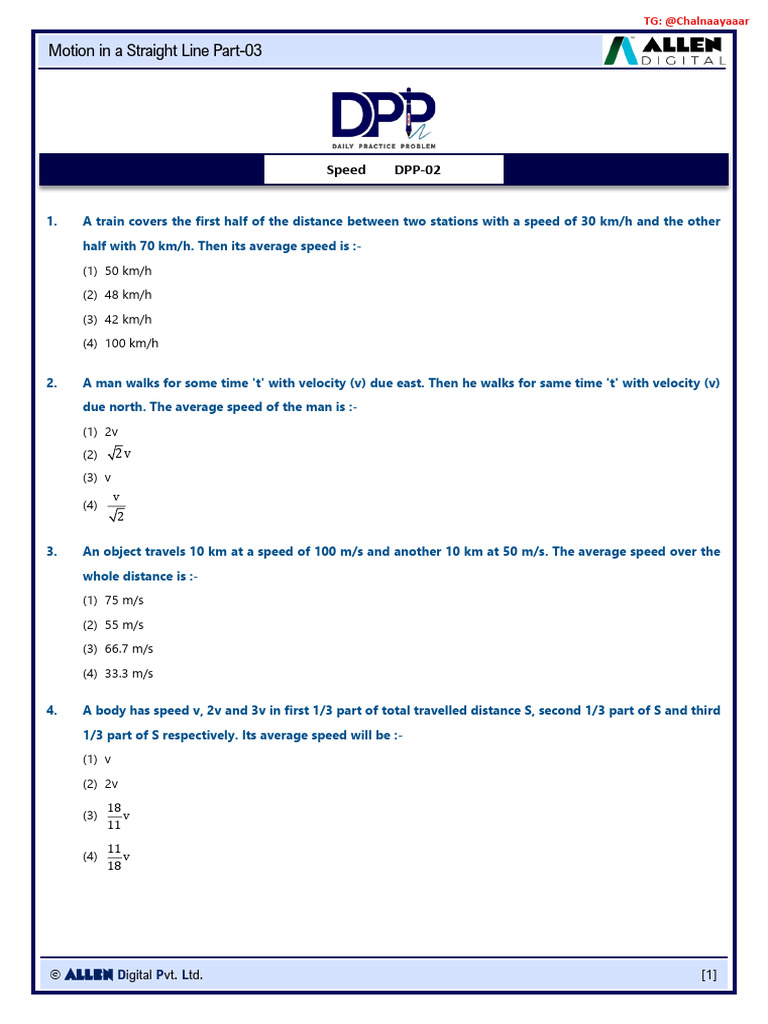 9th Phy DPP | PDF | Speed | Velocity