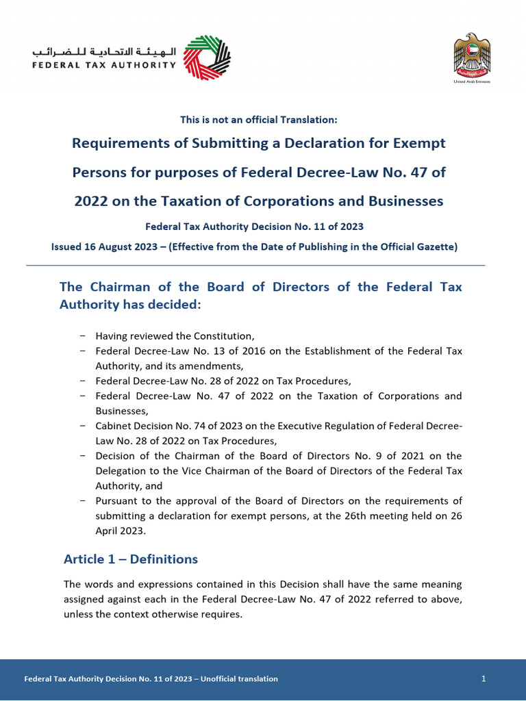 FTA Decision No. 11 of 2023 On The Requirements of Submitting A ...