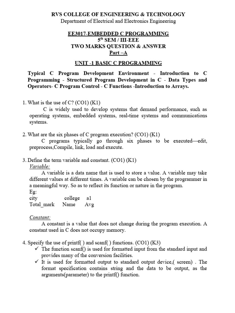 2 Marks With Answer Ee3017 Embedded C Programming Pdf Computer Science Computer Programming