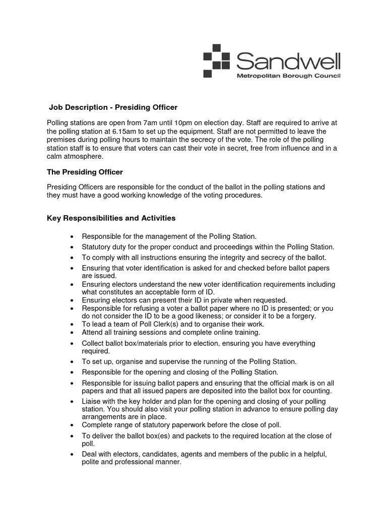 Presiding Officer Job Responsibilities | PDF | Voting | Elections