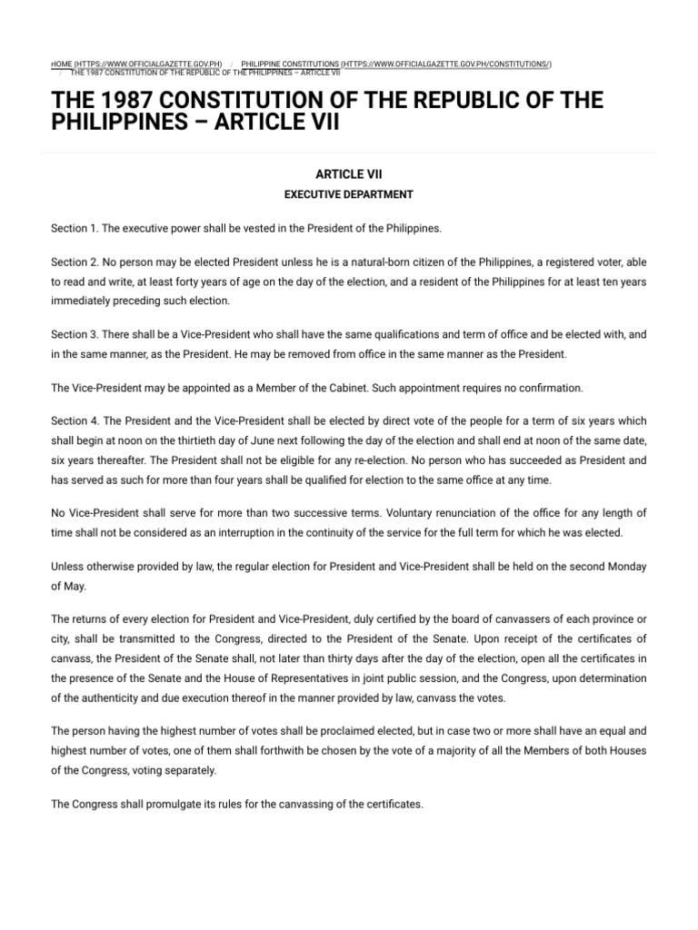 THE 1987 CONSTITUTION OF THE REPUBLIC OF THE PHILIPPINES - ARTICLE VII ...